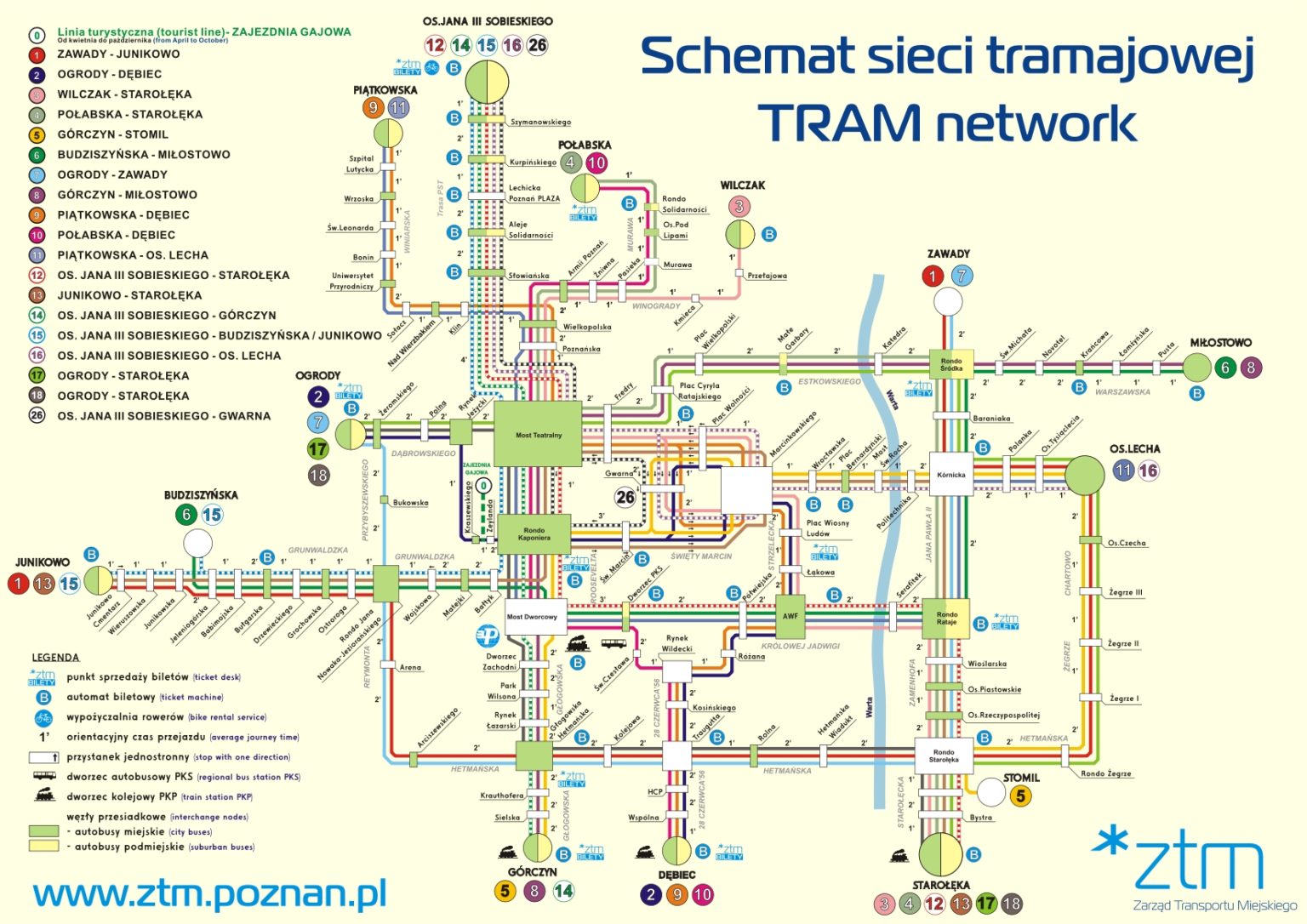 Detailní mapa tramvajových linek v Poznani pro rok 2023 | Pražské Metro